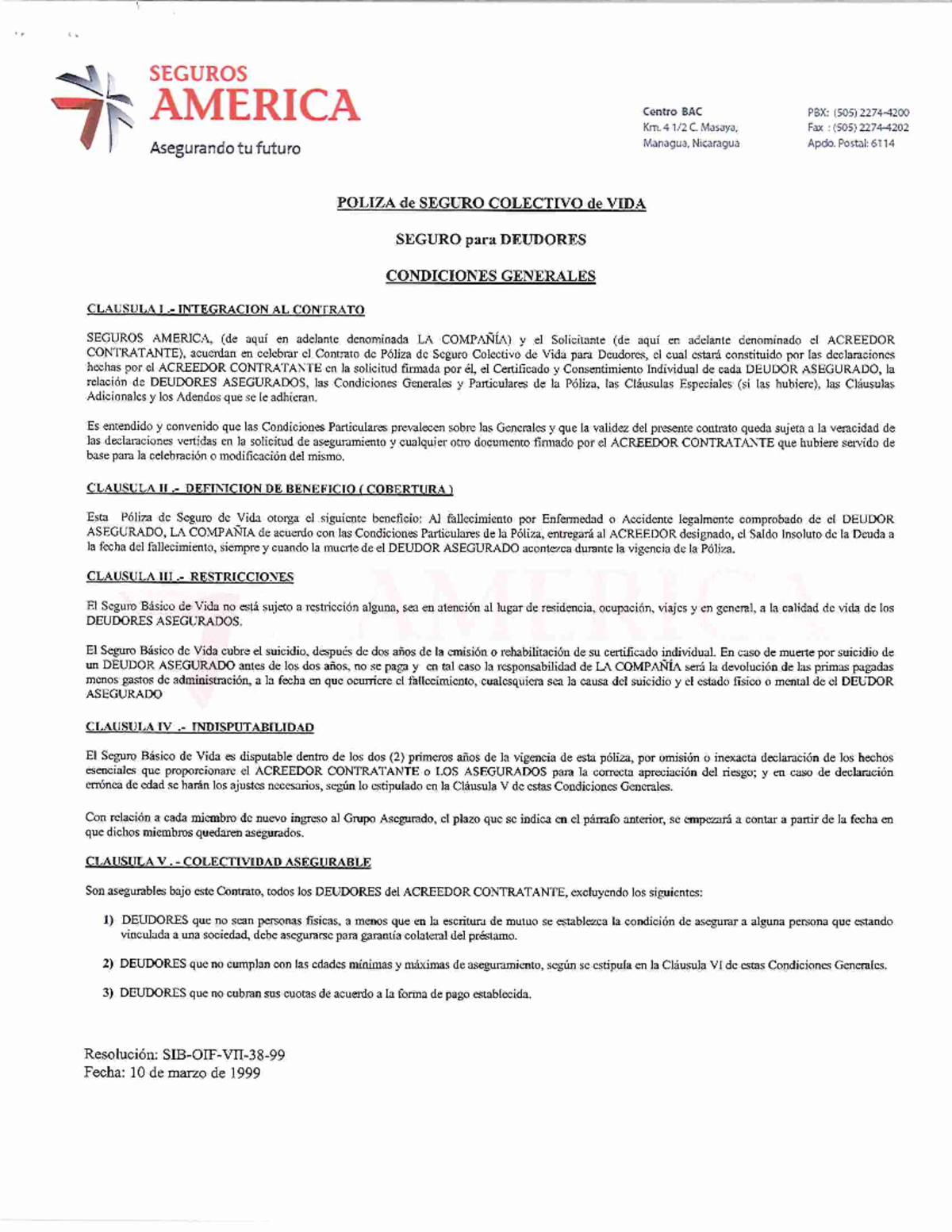 Seguro de vida vivienda - SEGUROS AMERICA Centro BAC PBX: (505) Km. C ...