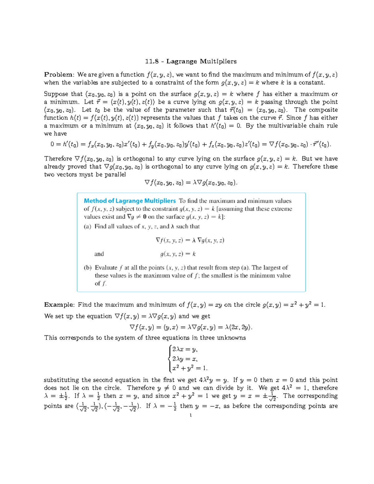 Lagrange Multipliers Equation