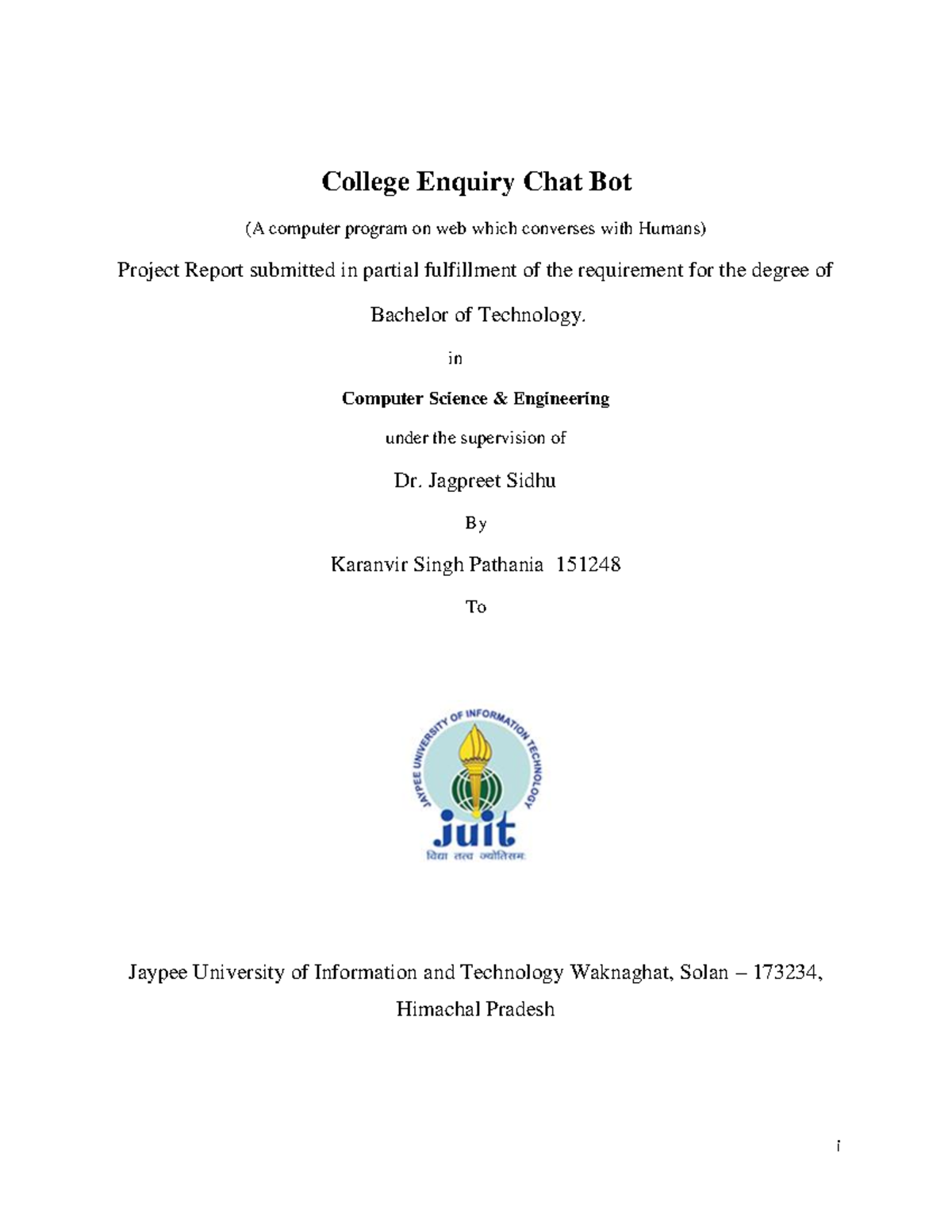 College Enquiry Chat Bot - in Computer Science & Engineering under the ...