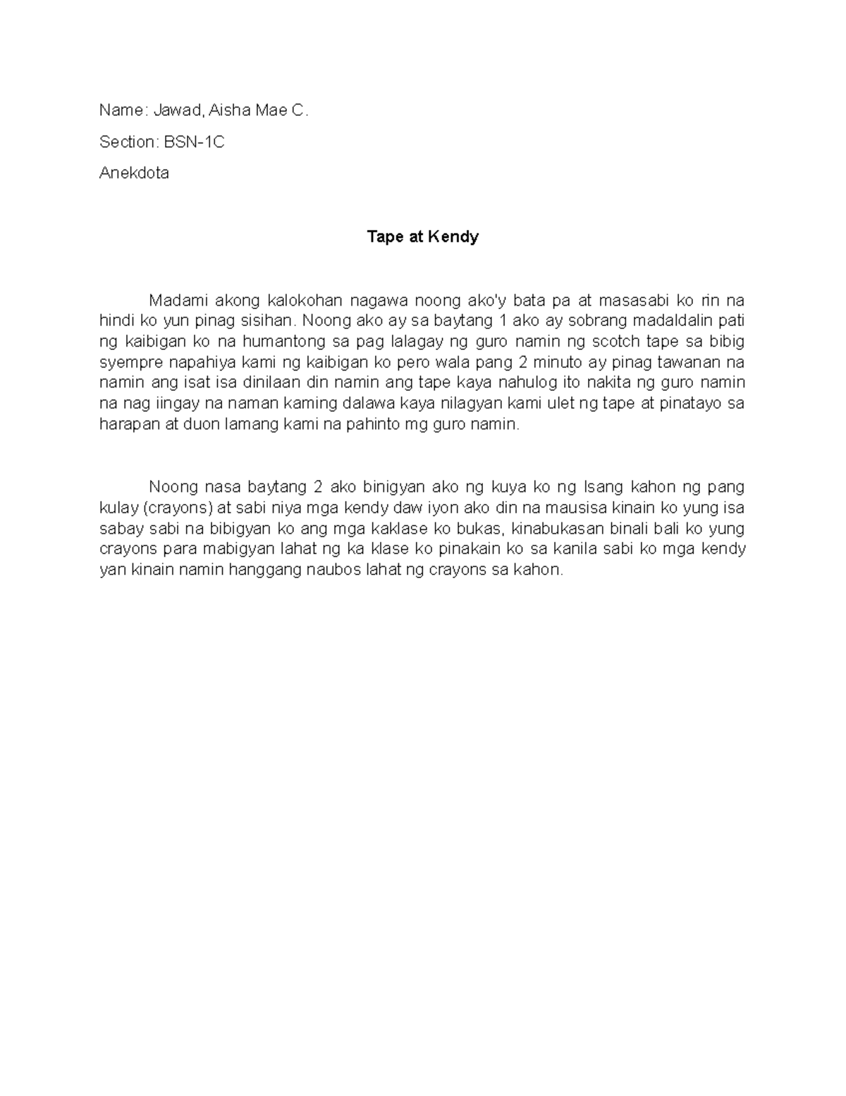 Anekdota Filipino Activity - Name: Jawad, Aisha Mae C. Section: BSN-1C ...