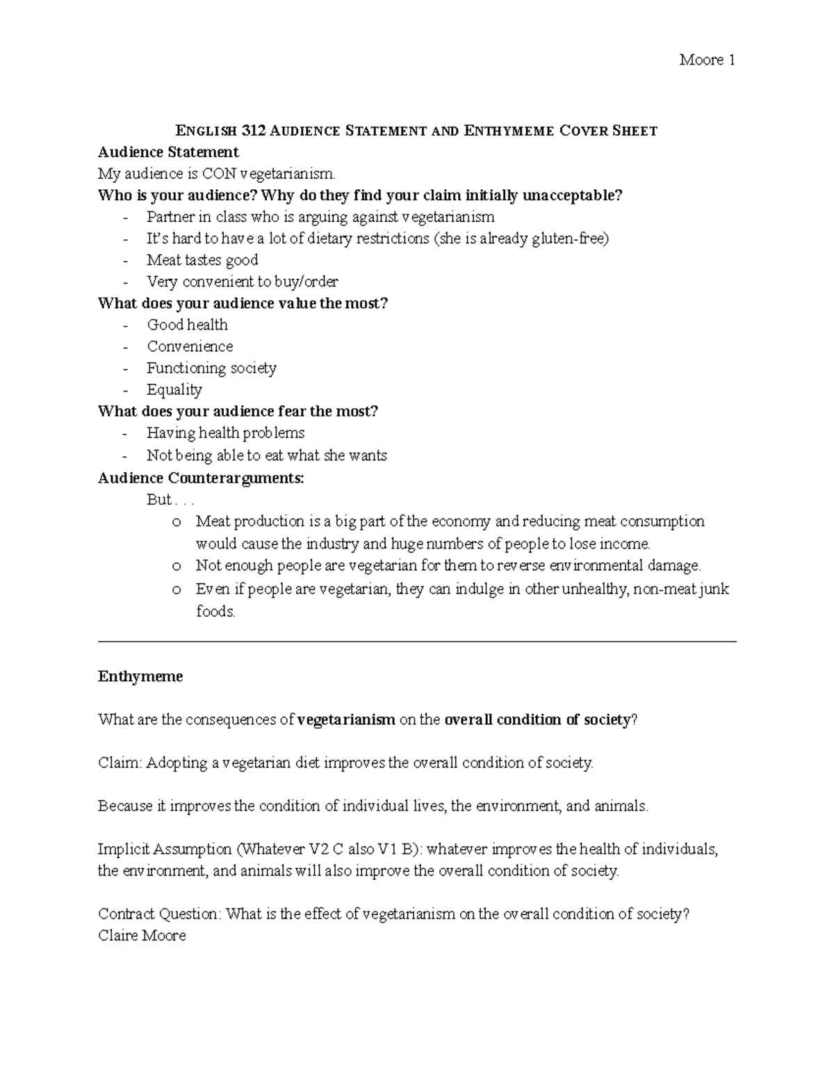 Second Argument - ENGLISH 312 AUDIENCE STATEMENT AND ENTHYMEME COVER ...