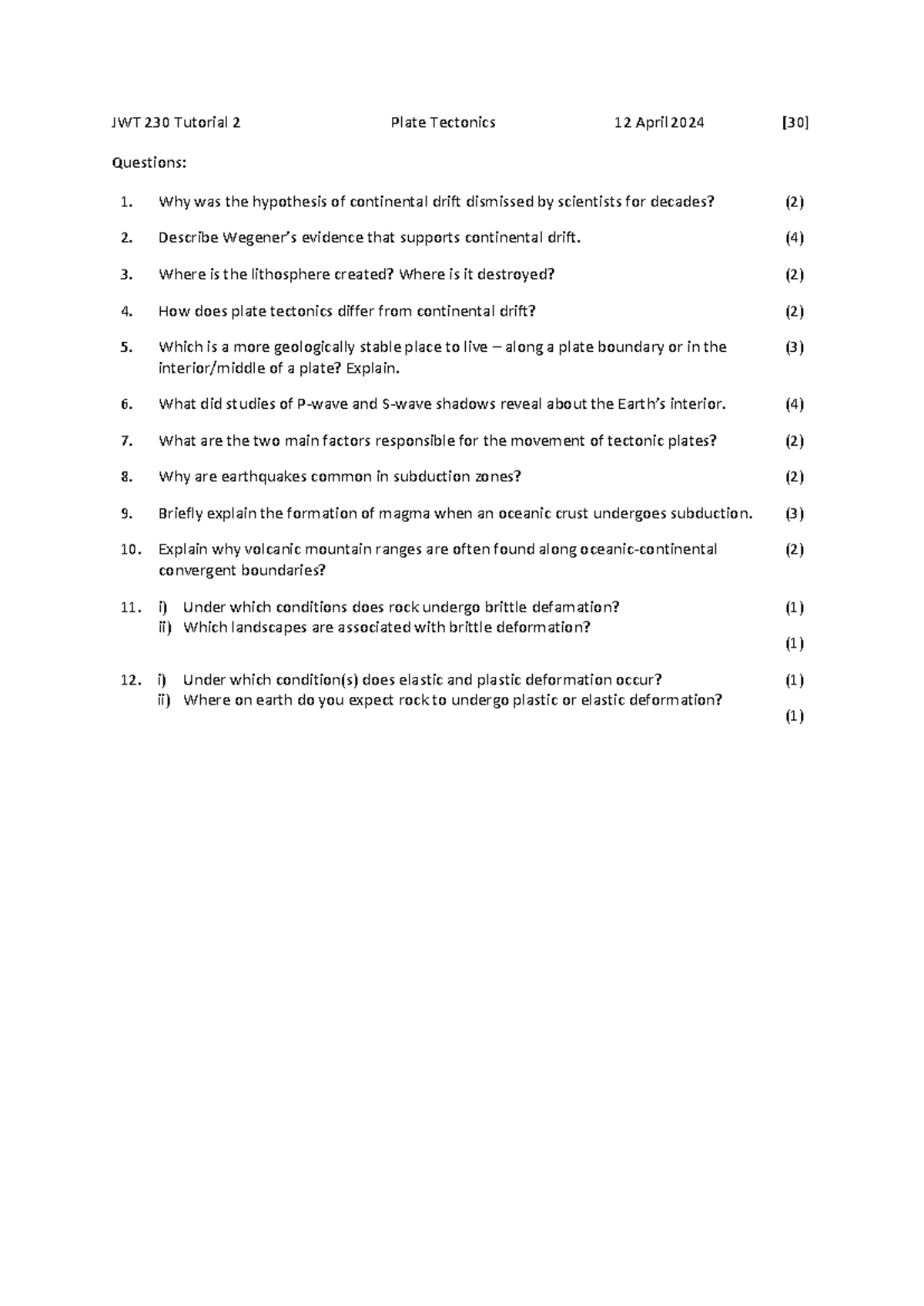 Tutorial 2 Plate tectonics - JWT 230 Tutorial 2 Plate Tectonics 12 ...
