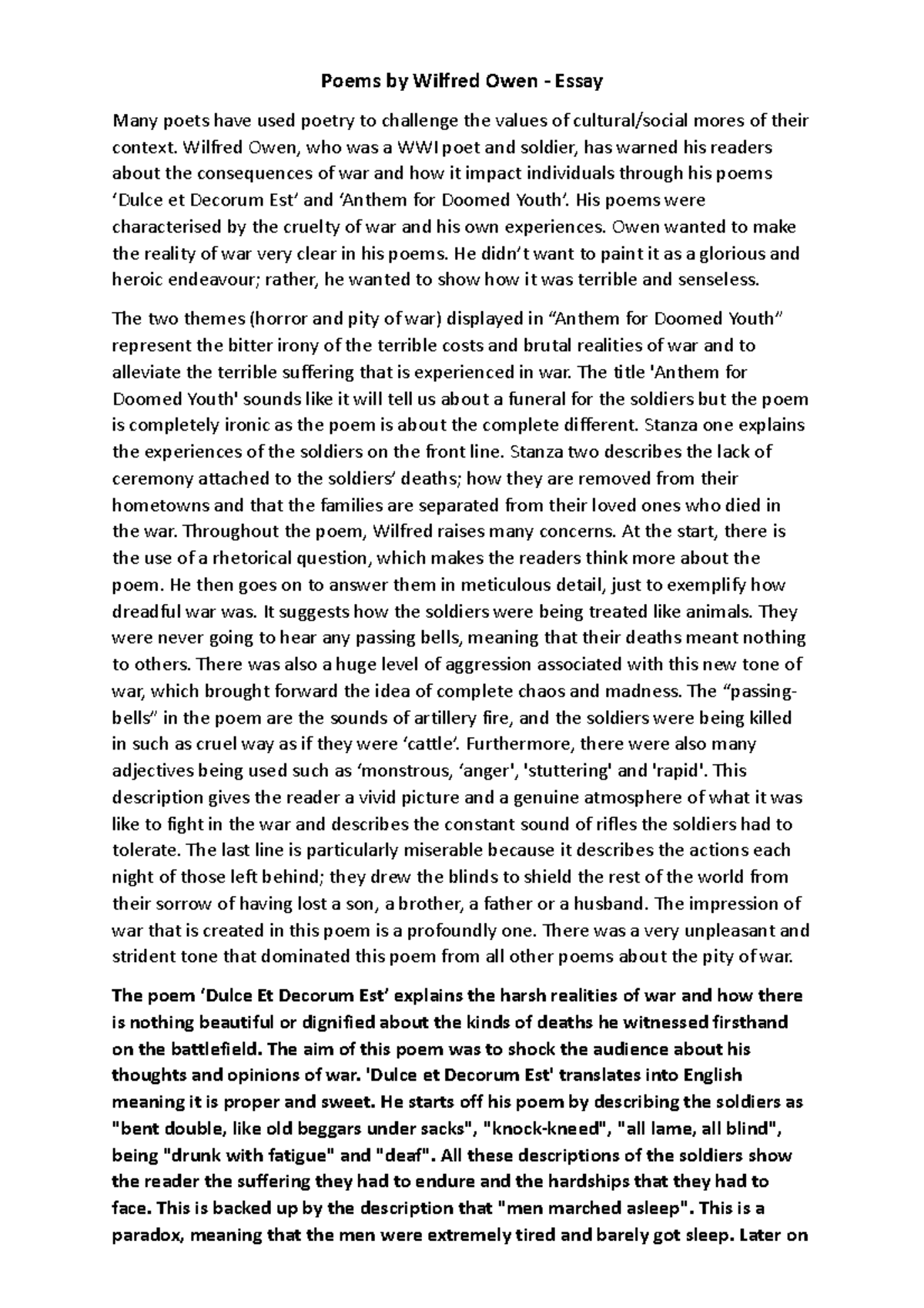 Poems by Wilfred Owen - Essay - Wilfred Owen, who was a WWI poet and soldier, has warned his ...