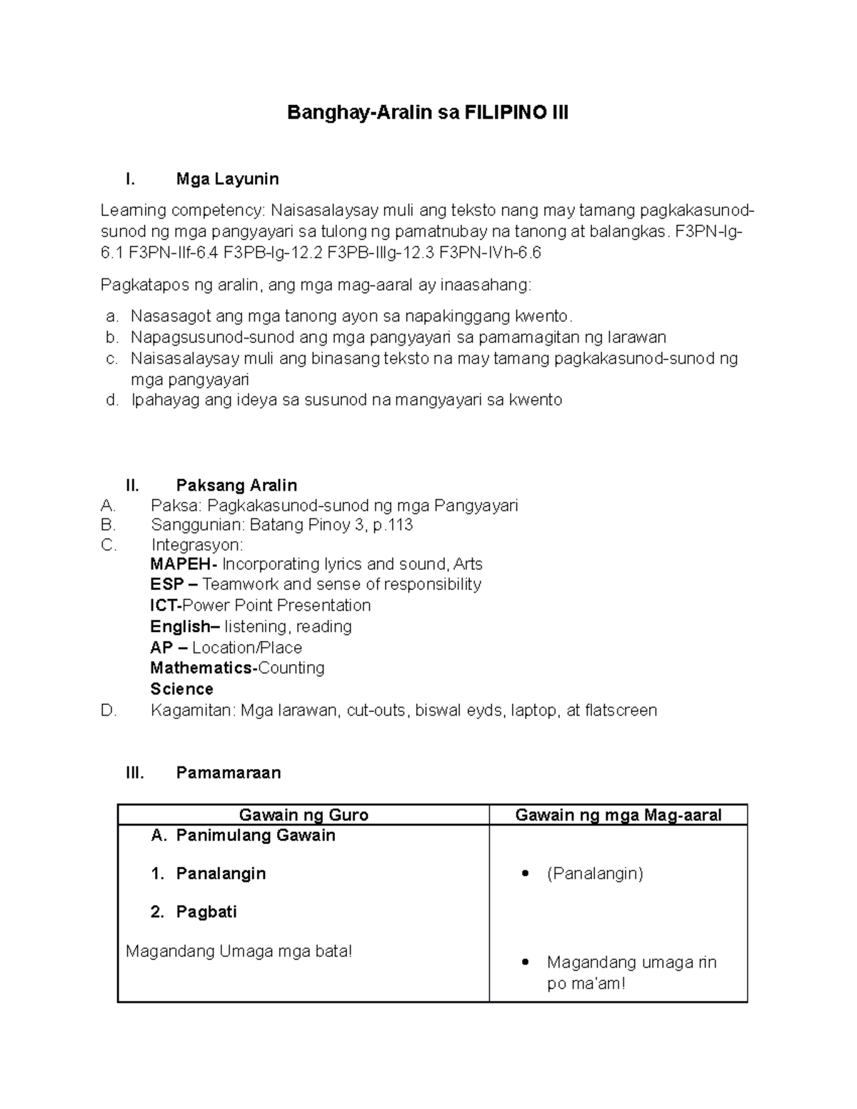 Filipino - Okay - Banghay-Aralin sa FILIPINO III I. Mga Layunin ...
