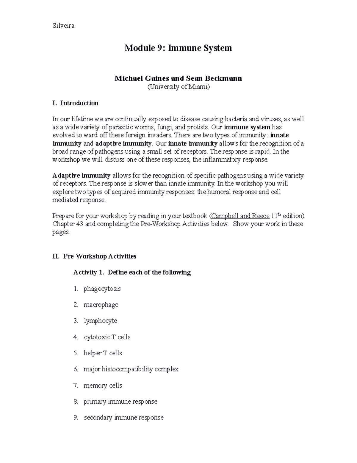Module 8 Immune Systems - Module 9: Immune System Michael Gaines and ...