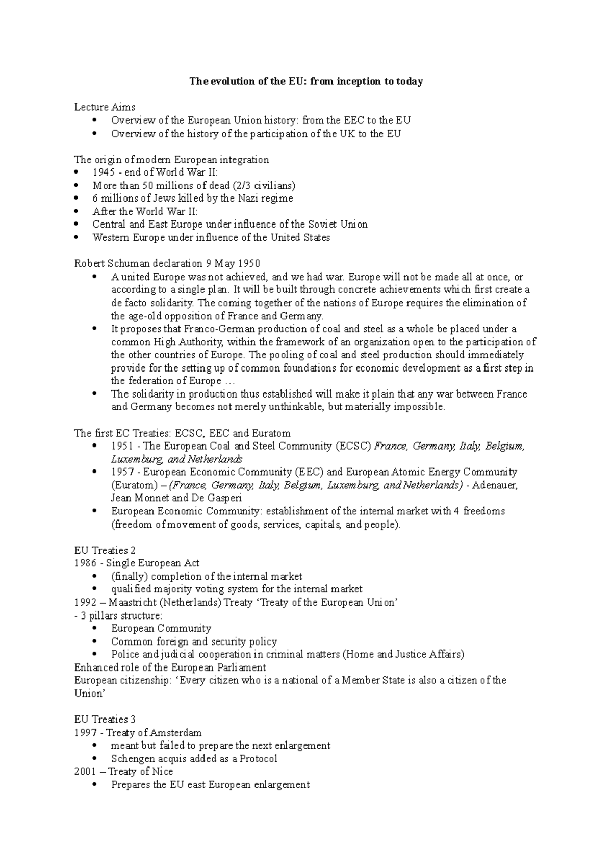 EUL TERM ONE Lectures - The evolution of the EU: from inception to ...