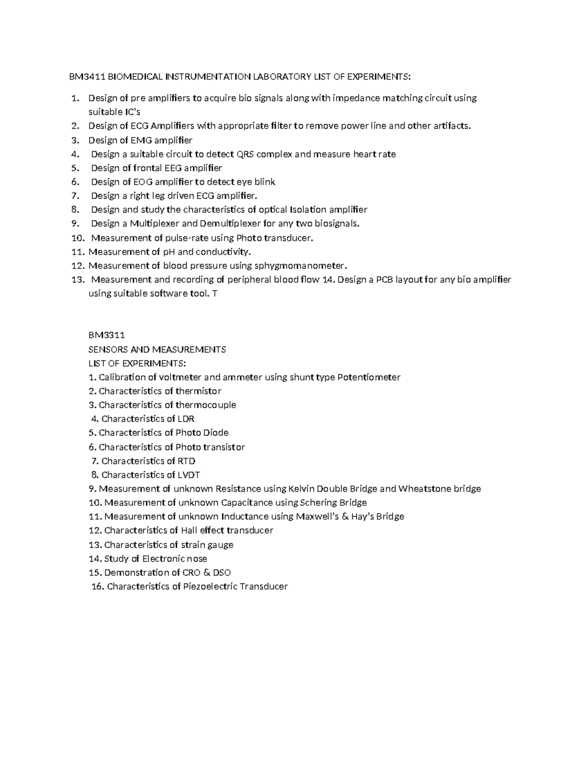 BM3411 Biomedical Instrumentation Laboratory LIST OF Experiments ...