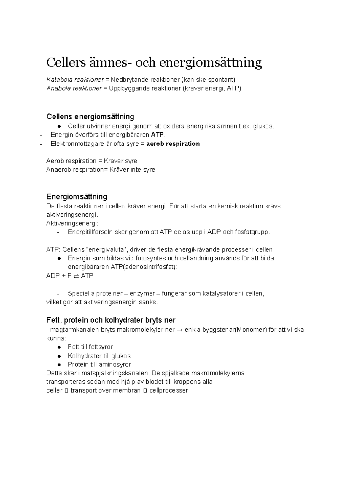 Cellandning och enerhiomsättning - Cellers ämnes- och energiomsättning ...