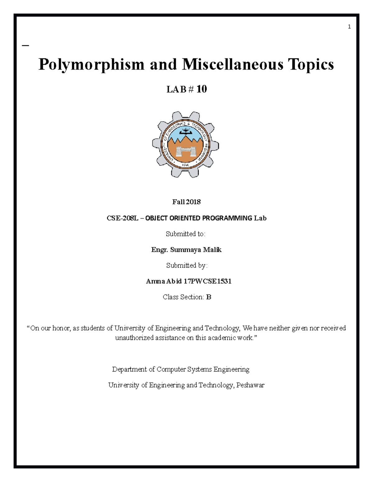 Lab Report 10 Amna - oop - Polymorphism and Miscellaneous Topics LAB # 10 Fall 2018 CSE-208L ...