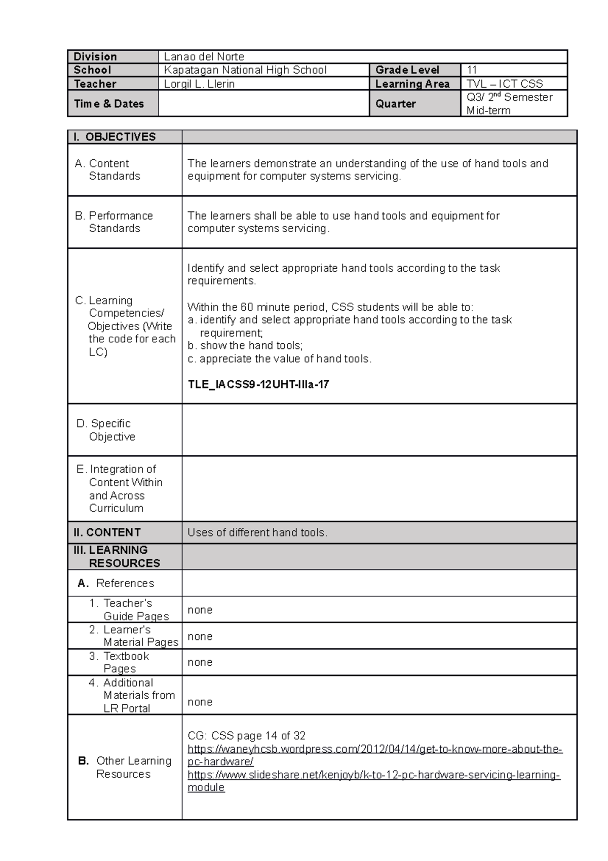 CSS 11-12 HAND Tools - Division Lanao del Norte School Kapatagan ...