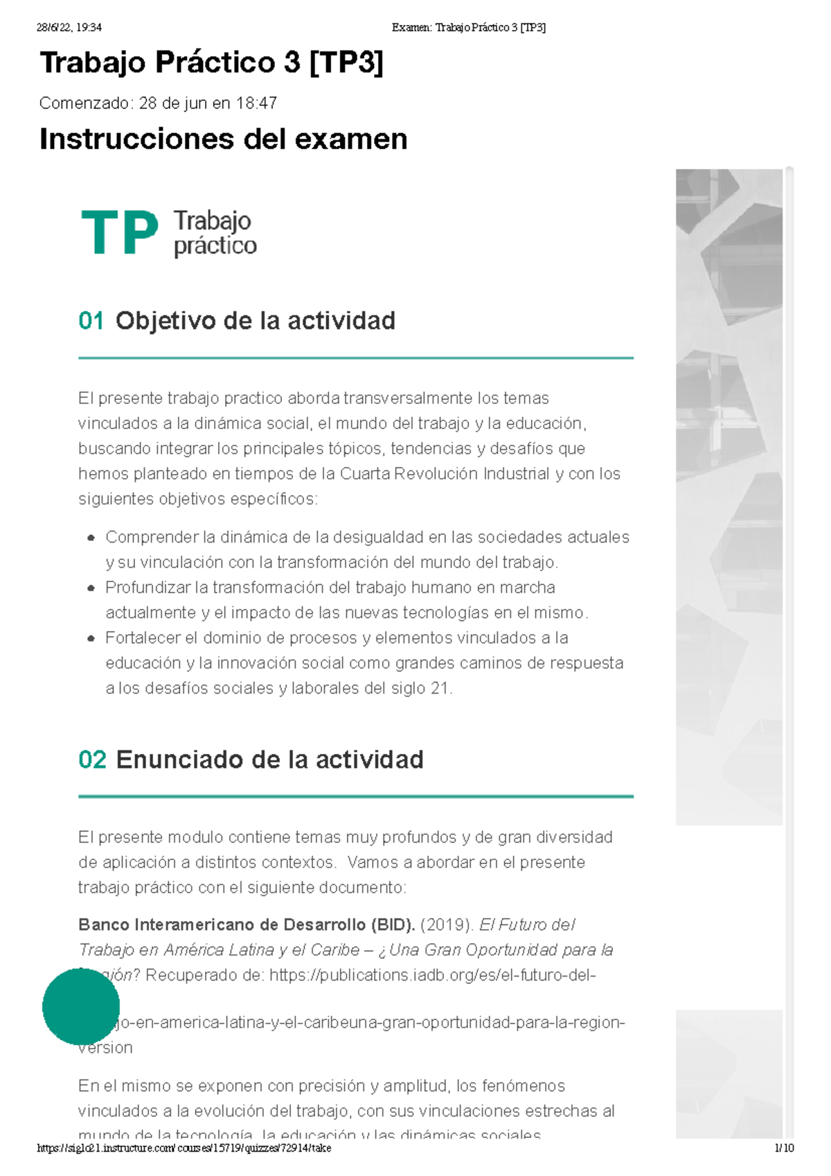 Examen Trabajo Práctico 3 [TP3] tec - Trabajo Práctico 3 [TP3] Comenzado: 28 de jun en 18: - Studocu
