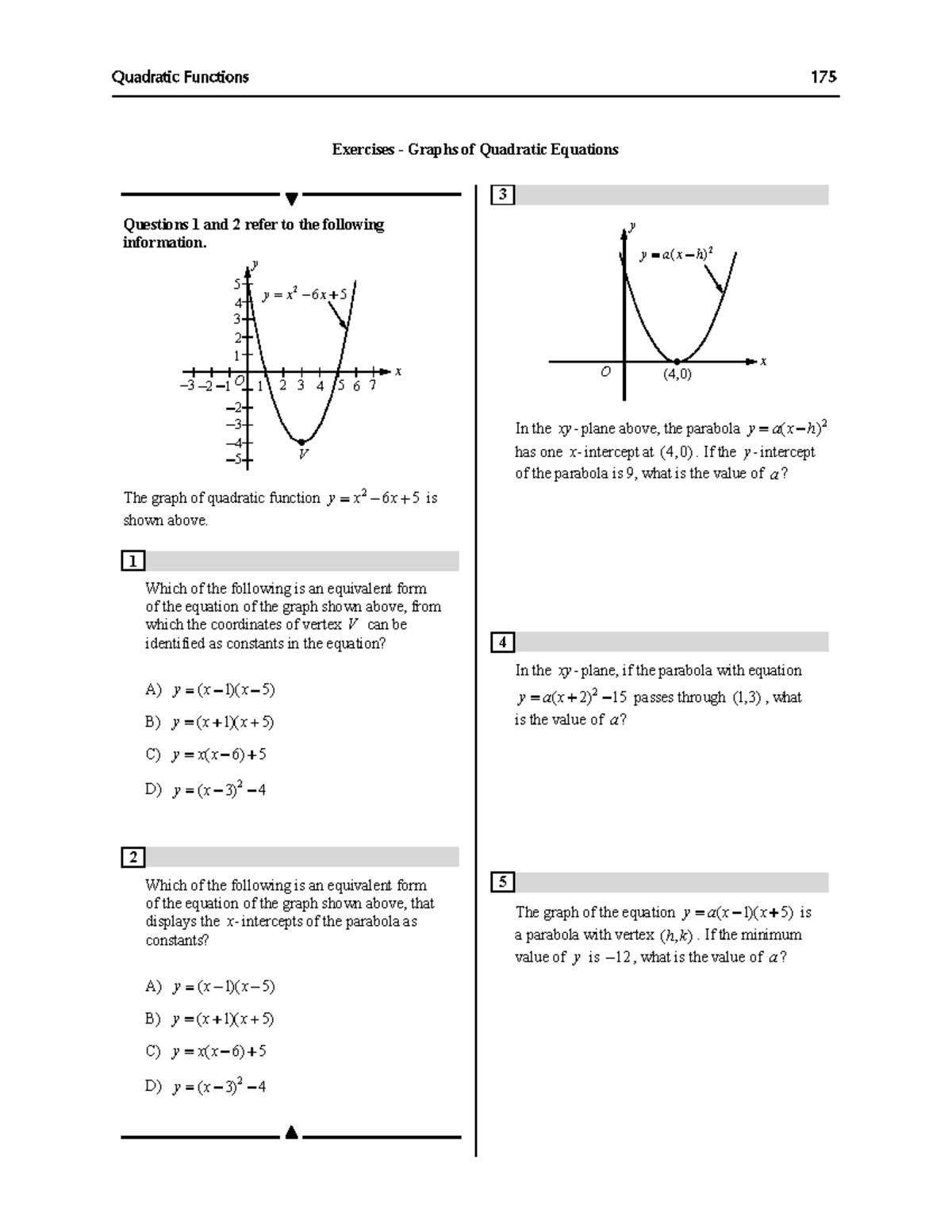 187 - Practice - Quadratic Functions 175 Exercises - Graphs of ...