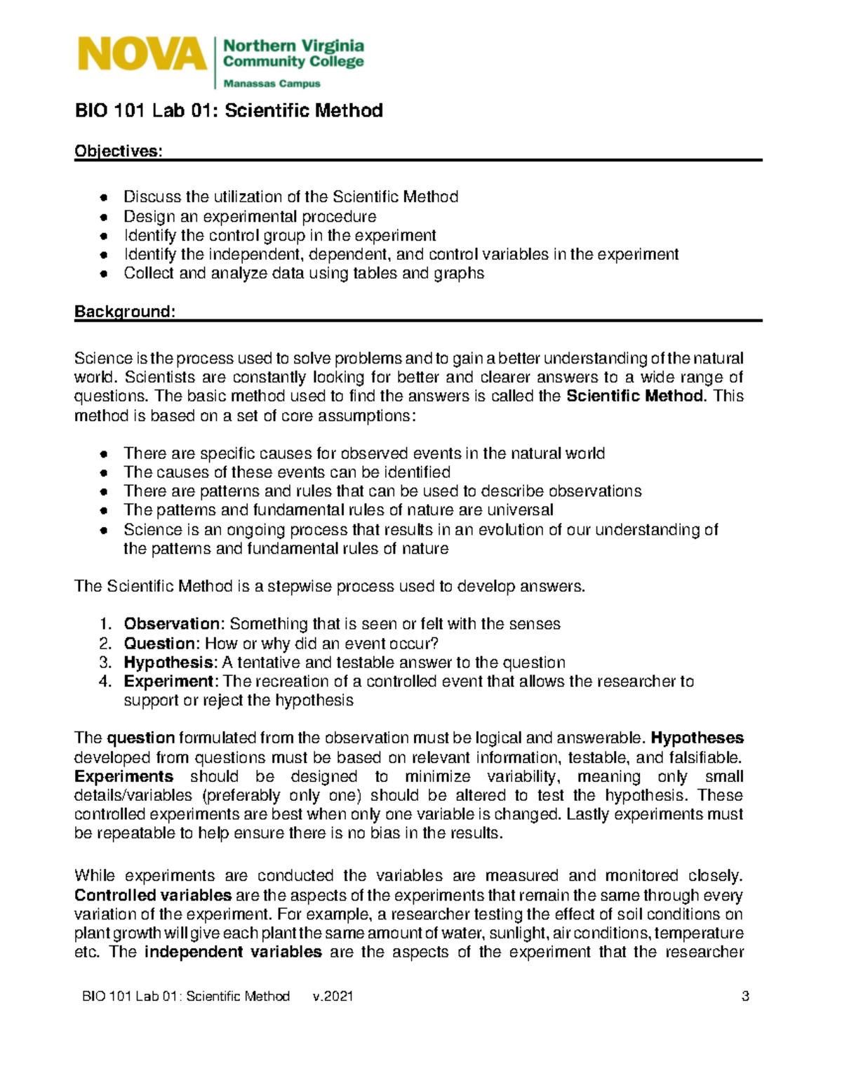 BIO 101 lab manual Binder - BIO 101 Lab 0 1 : Scientific Method v. 2021 3 BIO 101 Lab 01 ...