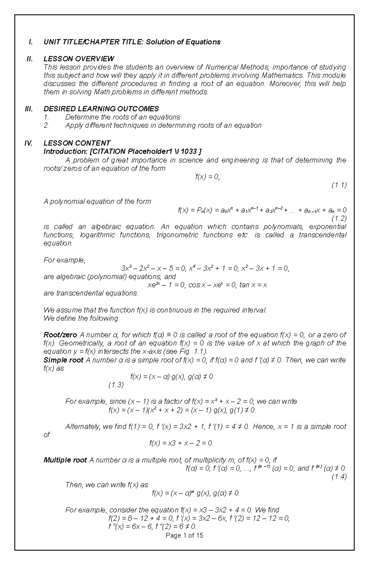 Numerical Methods 1 - I. UNIT TITLE/CHAPTER TITLE: Solution of ...