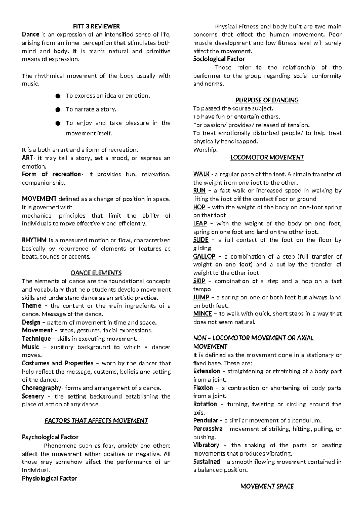 FITT 3 Reviewer - FITT 3 REVIEWER Dance is an expression of an ...