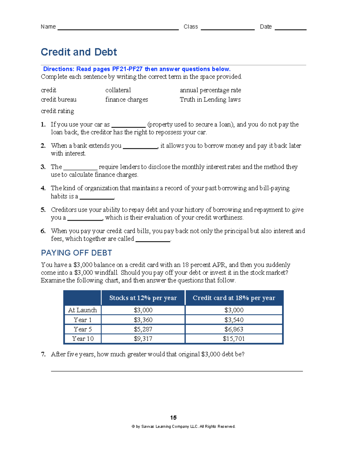 Credit Debt 1 - Name Class Date 15 © by Savvas Learning Company LLC ...
