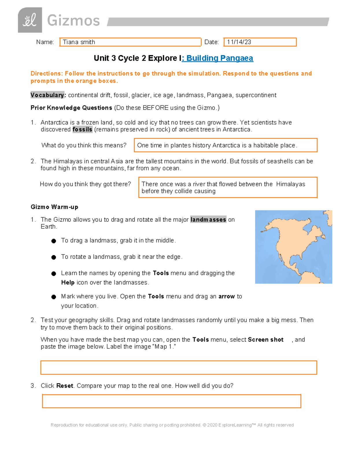 8th Science buliding pangea gizmo answer - Name: Tiana smith Date: 11 ...