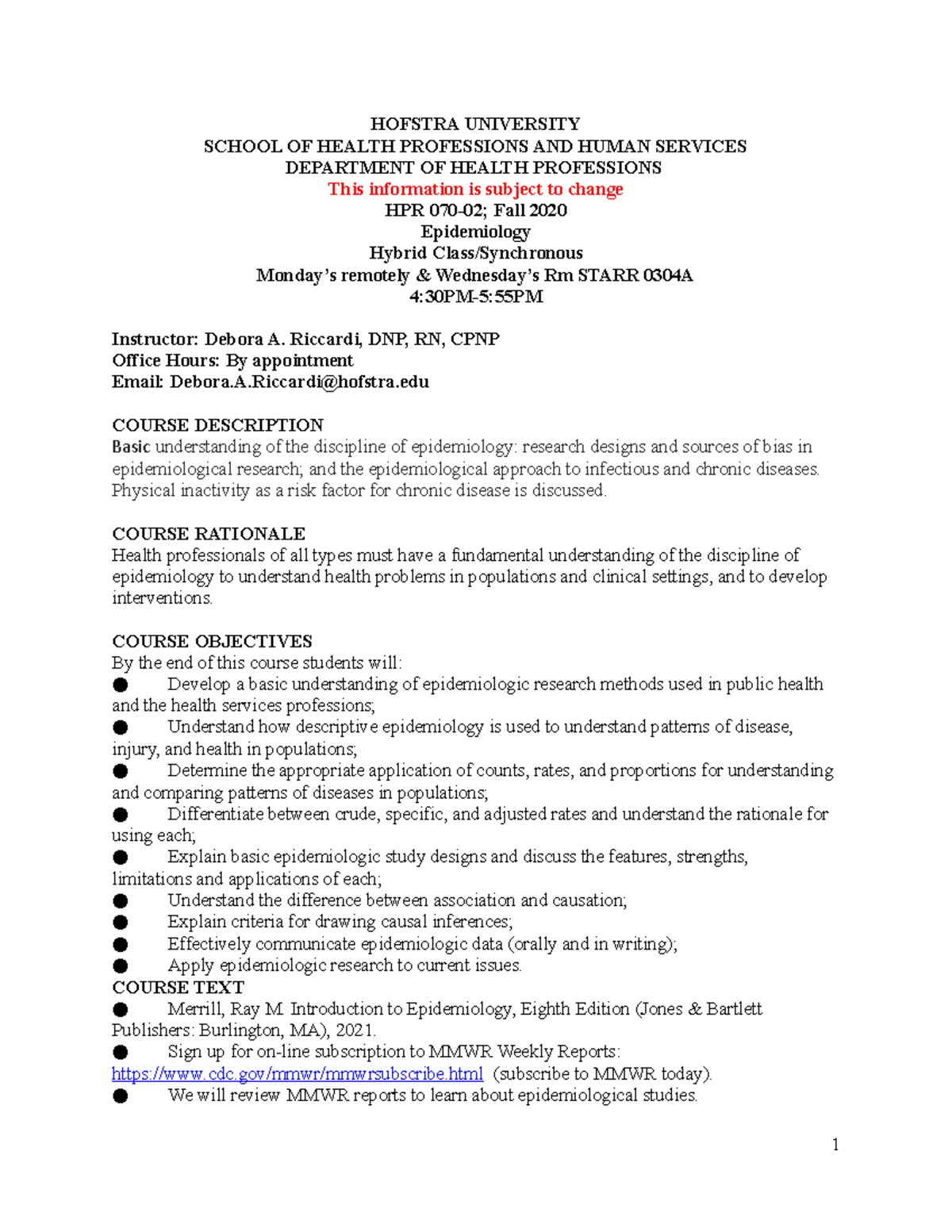 Syllabus - HOFSTRA UNIVERSITY SCHOOL OF HEALTH PROFESSIONS AND HUMAN ...