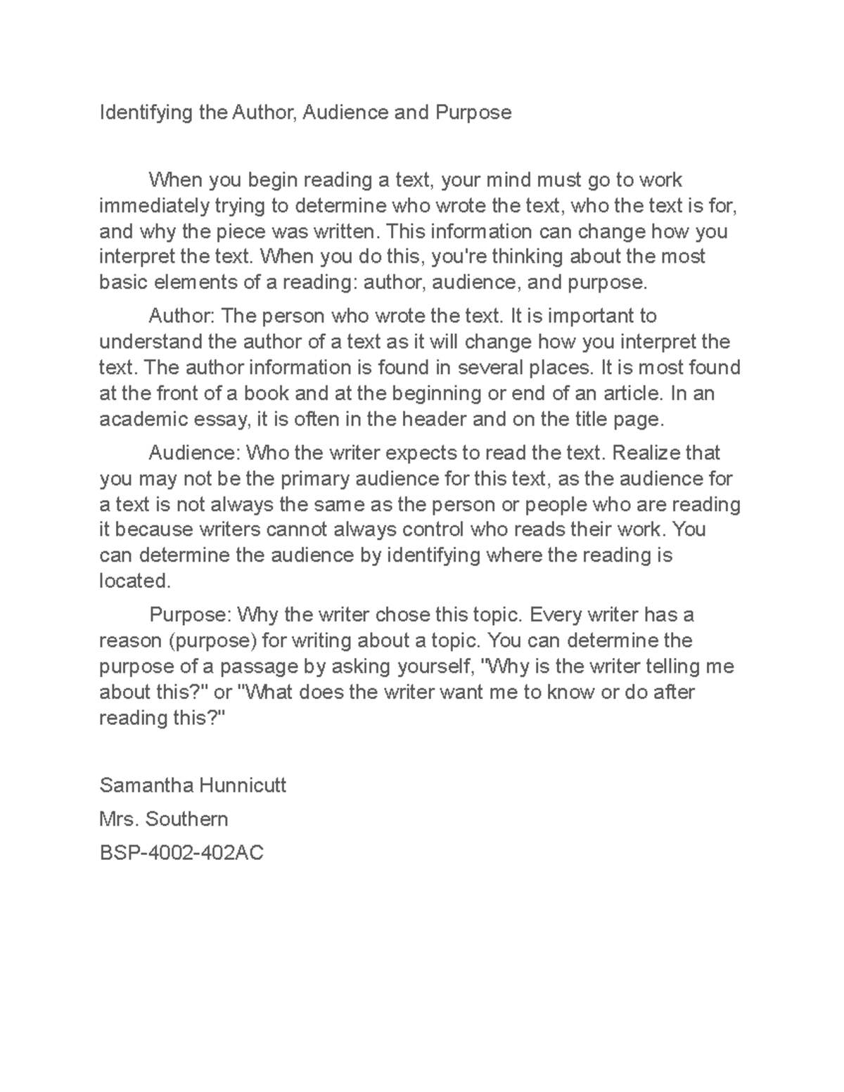 Identifying the Author, Audience and Purpose - This information can ...