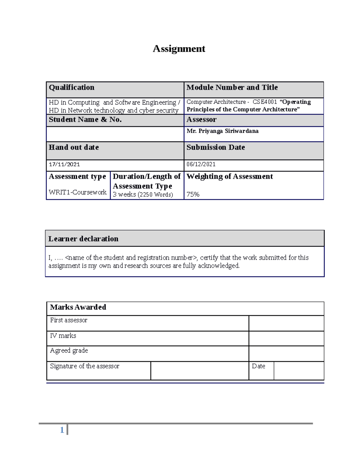 CA - computer architecture - Assignment Qualification Module Number and ...