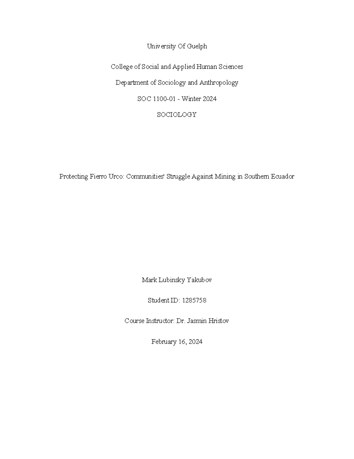 Sociological Imagination Journal 1 - University Of Guelph College of ...