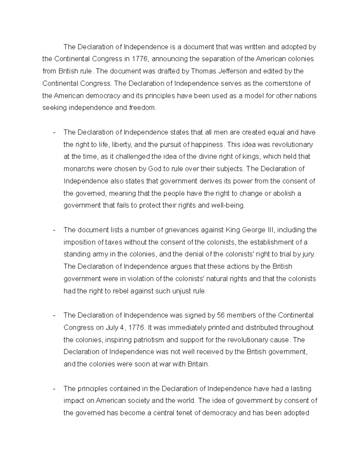 The Declaration of Independence Notes - The document was drafted by ...