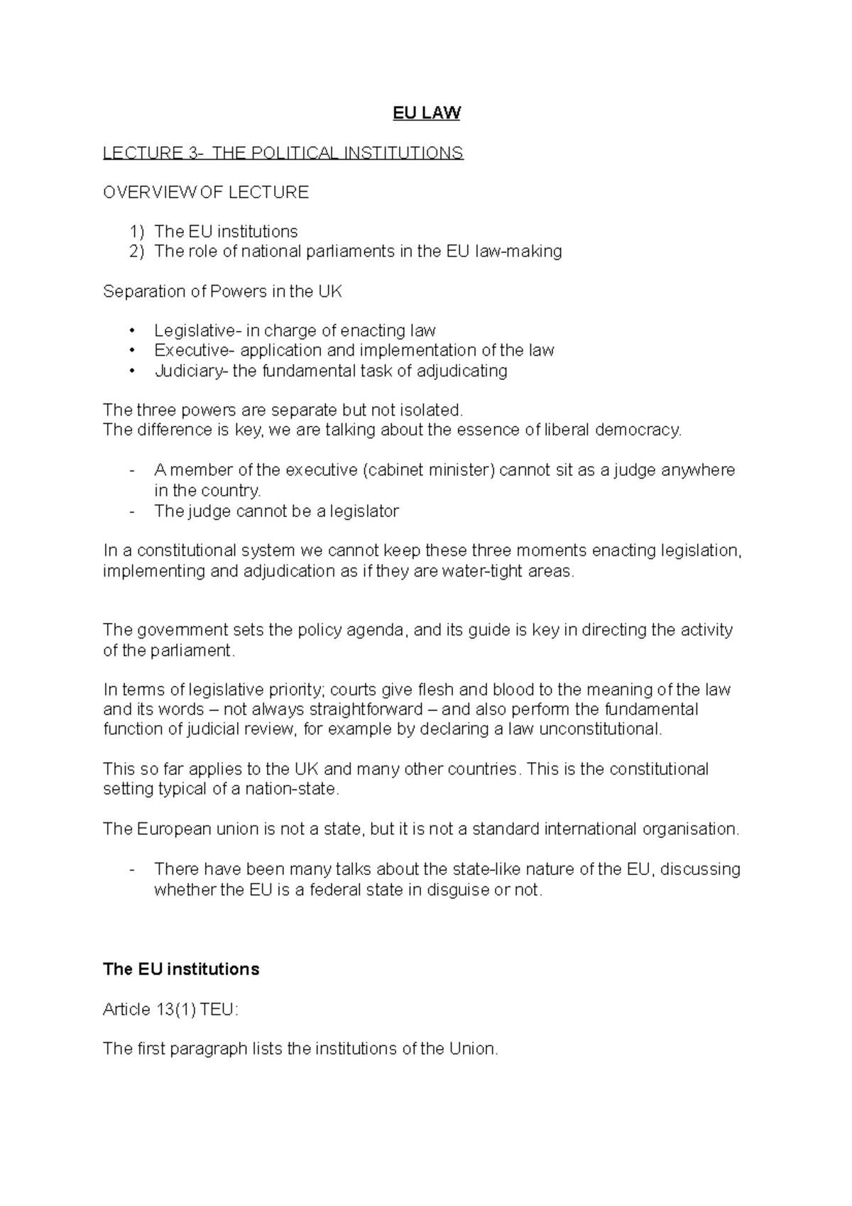 EU WEEK 2- Notes - European Union law 1st year - EU LAW LECTURE 3- THE ...