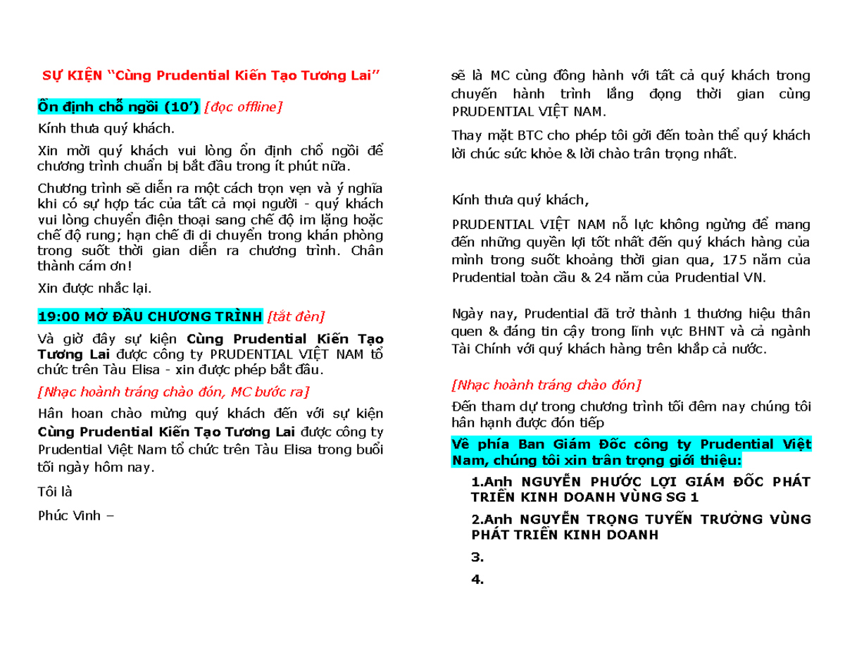 MC script - Elisa - Thuỷ - Hoa hoa - SỰ KIỆN “Cùng Prudential Kiến Tạo ...