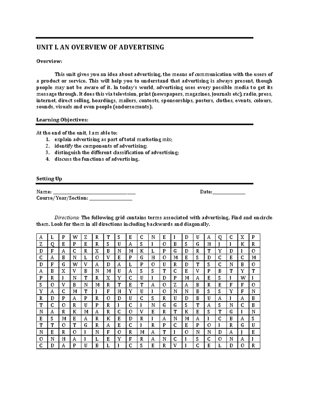 UNIT I - An Overview of the Advertising - UNIT I. AN OVERVIEW OF ...
