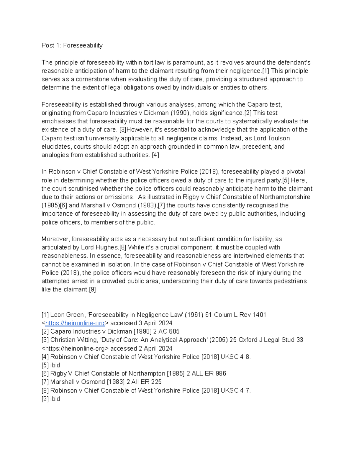 Post 1 Foreseeability - tort law - Post 1: Foreseeability The principle ...