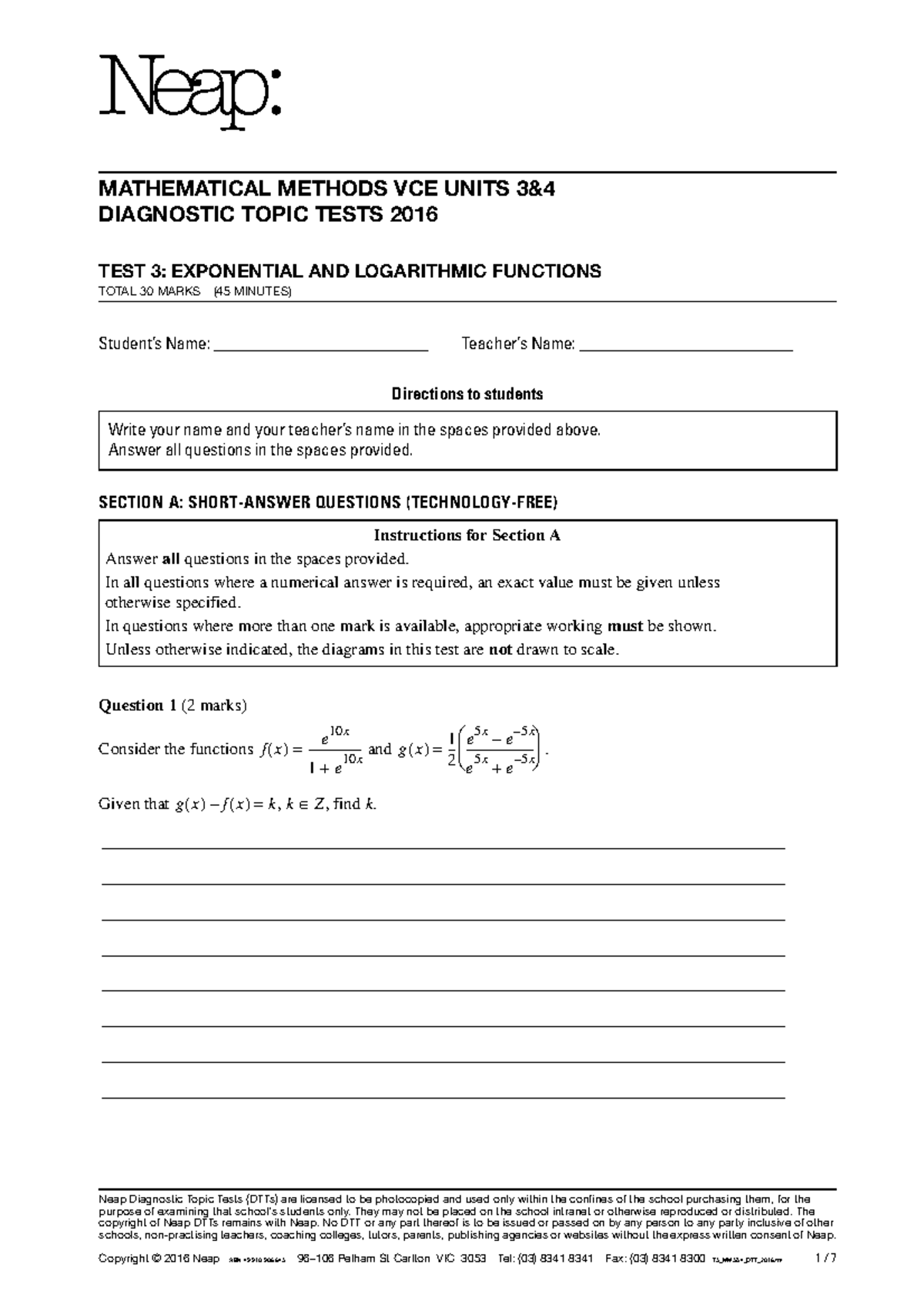 Revision Maths Methods Units 3&4 DTT 3 - MATHEMATICAL METHODS VCE UNITS ...