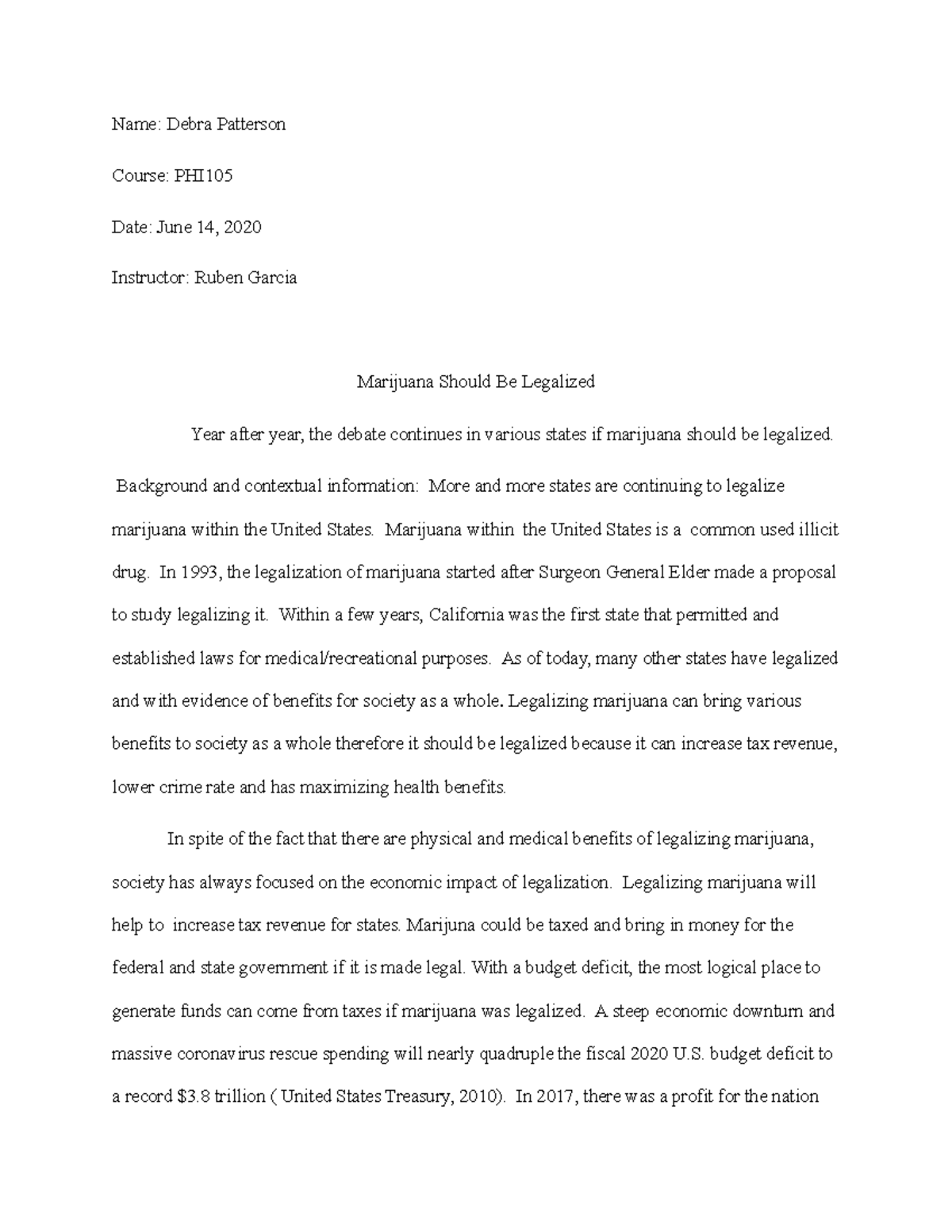 Persuasive Essay Rough Draft - Name: Debra Patterson Course: PHI Date ...