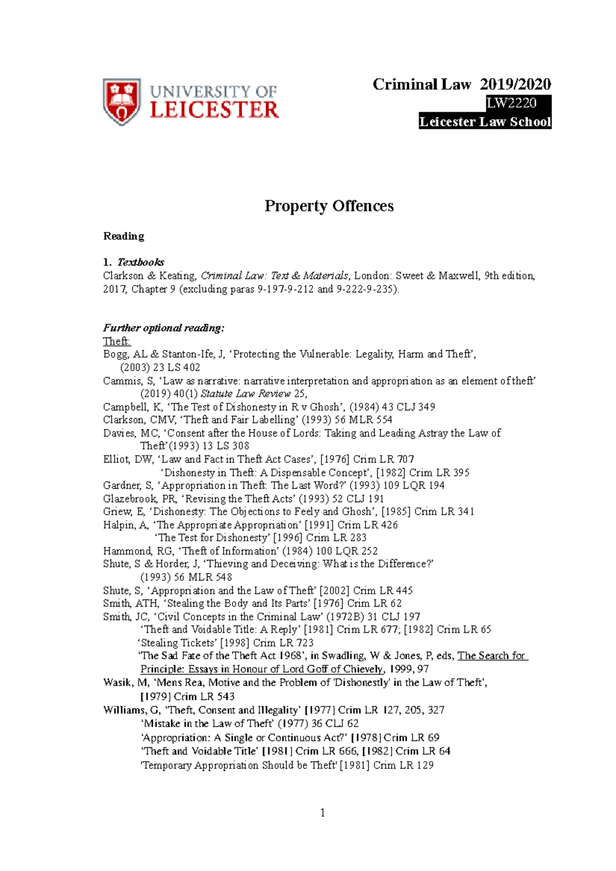 TE Property Offences Handout 2019-20 - Criminal Law 2019/ LW Leicester ...