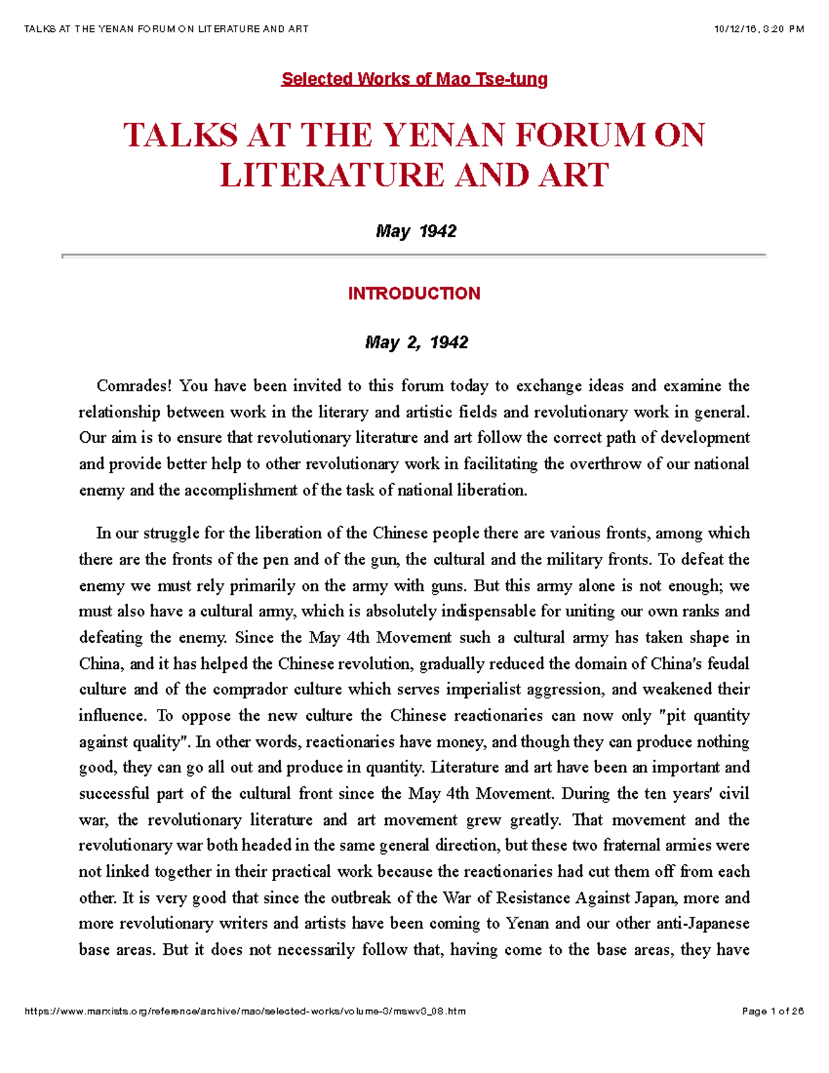 Talks AT THE Yenan Forum ON Literature AND ART - Selected Works of Mao ...