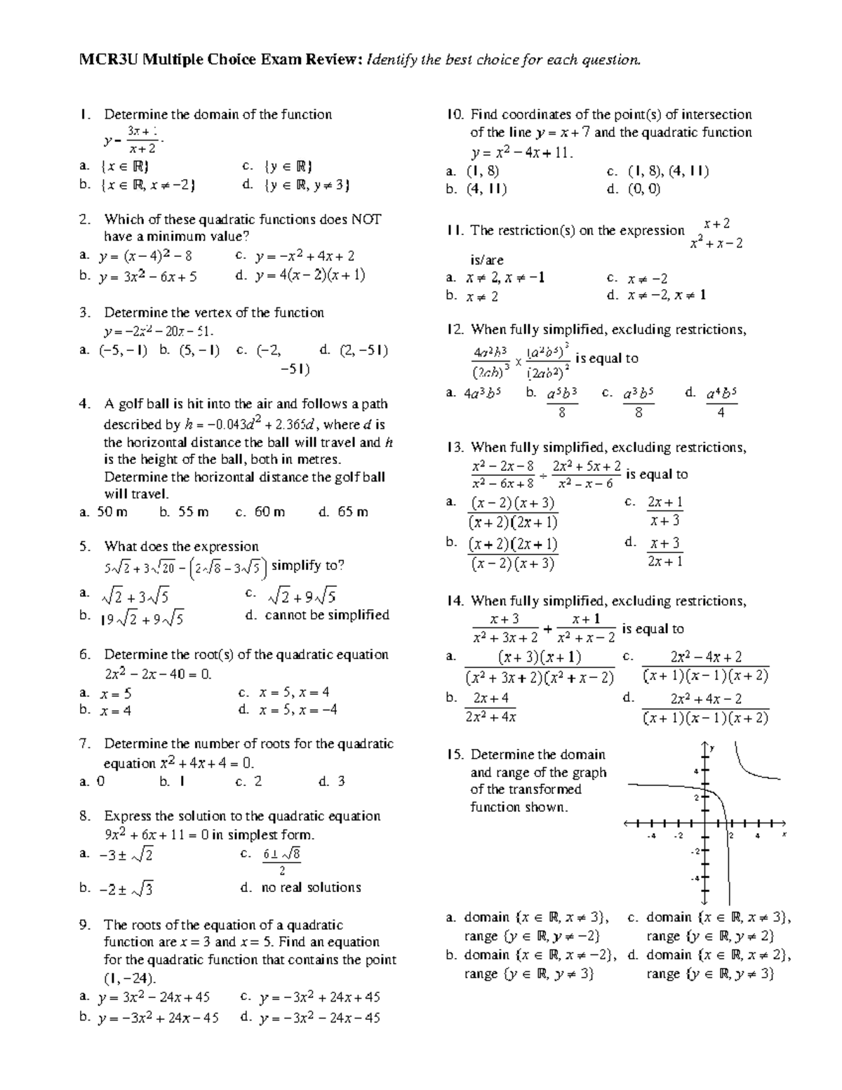 MCR3U Exam Review MC Questions - MCR3U Multiple Choice Exam Review ...