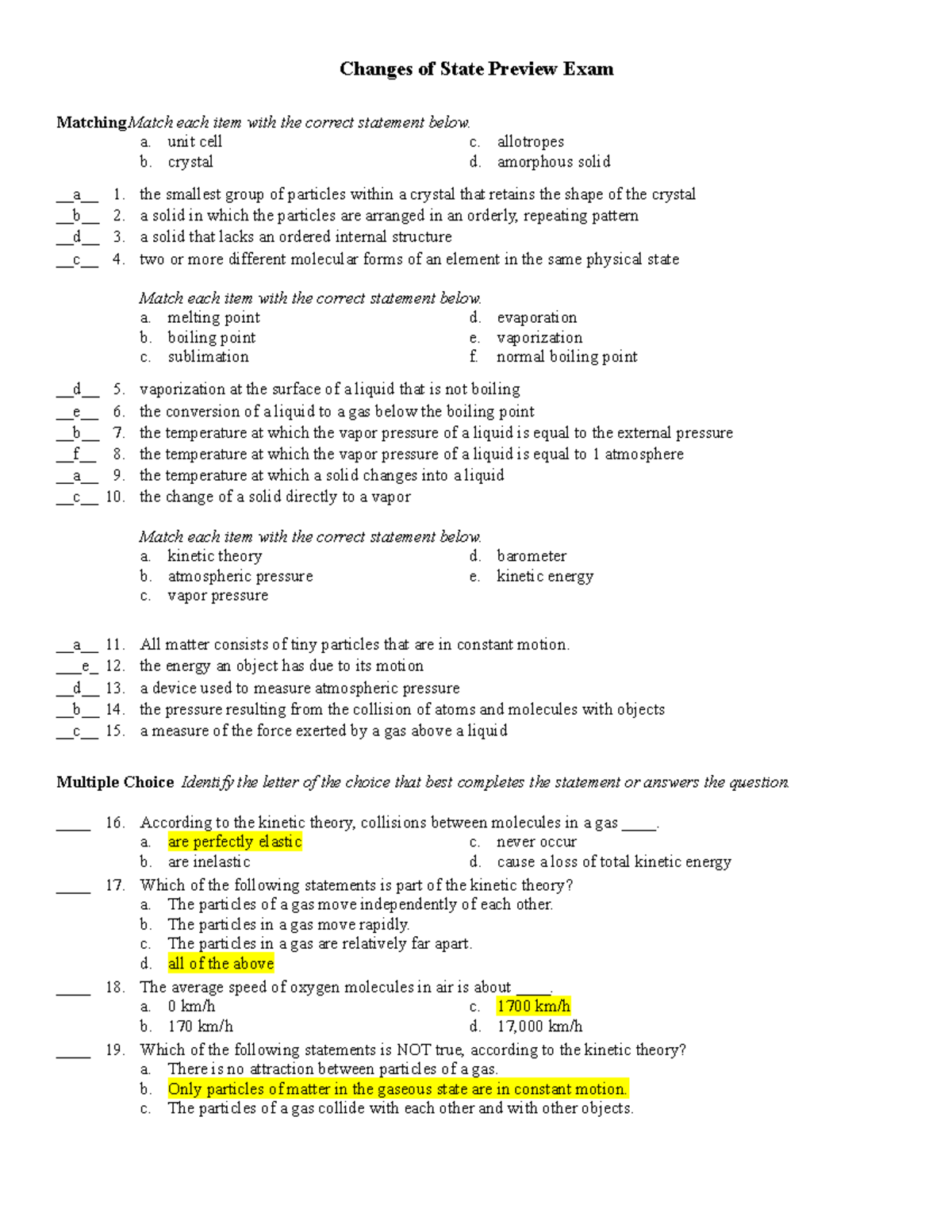 Ch13 test - ch13 test - Changes of State Preview Exam Matching - Match ...