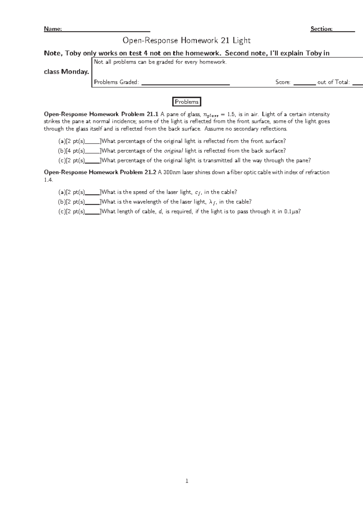 OR Hwk (21) - Open Response HW - Name: Section: Open-Response Homework ...