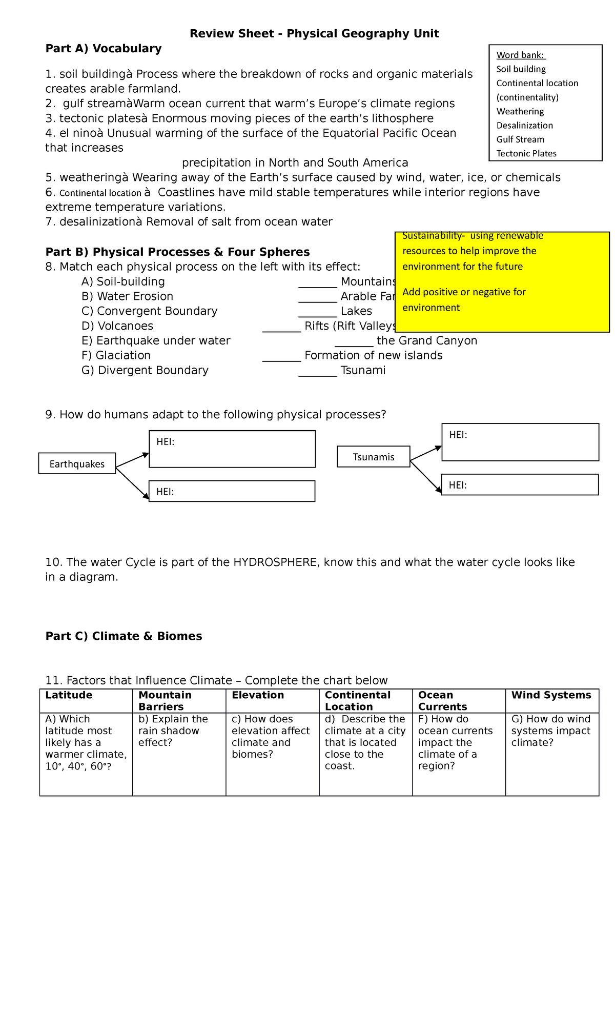 Unit 1 Test Review - Review Sheet - Physical Geography Unit Part A ...