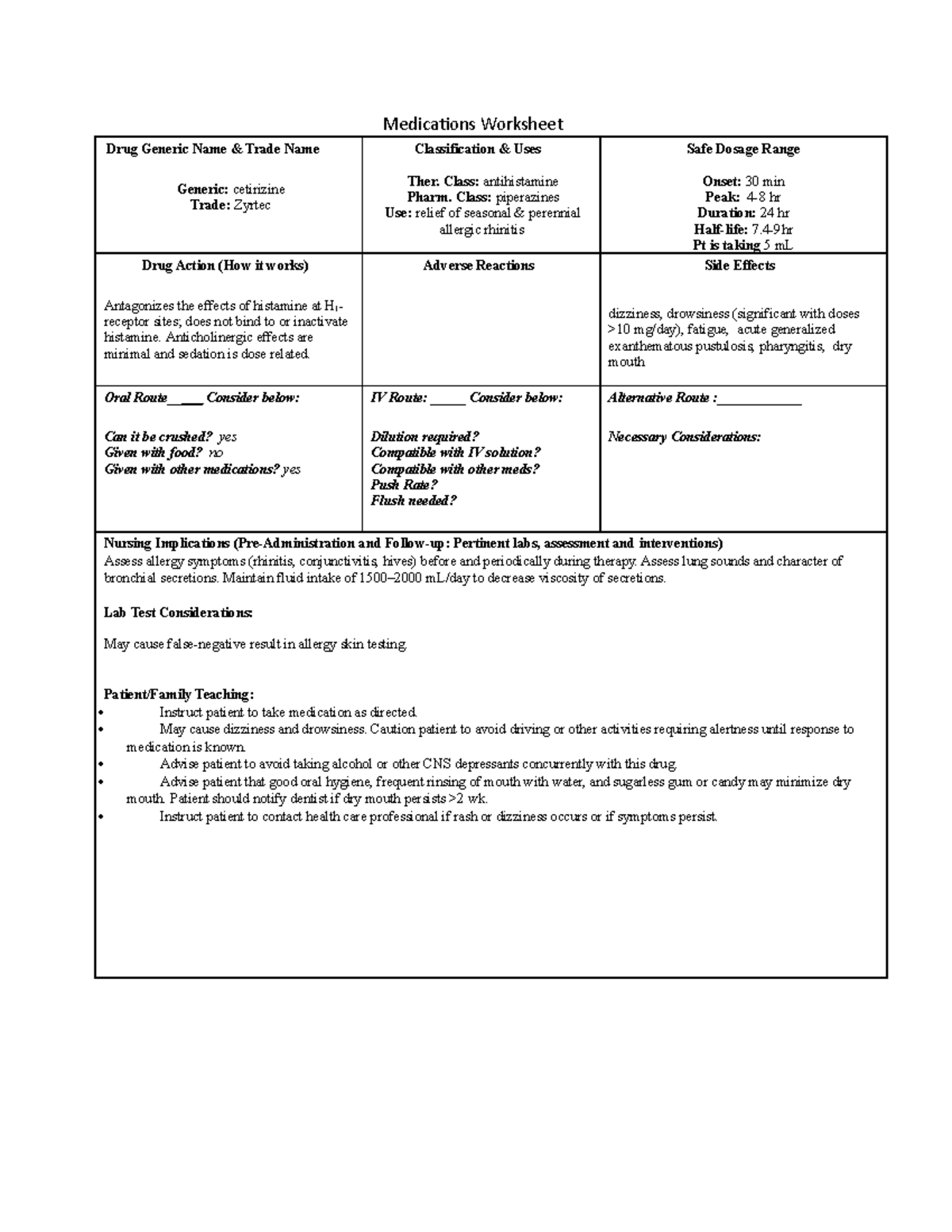 Cetirizine (Zyrtec) - Medications Worksheet Drug Generic Name & Trade ...