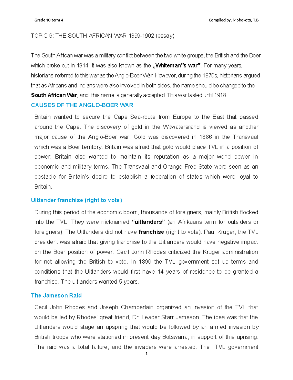 THE South African WAR AND Un - TOPIC 6: THE SOUTH AFRICAN WAR 1899-1902 ...