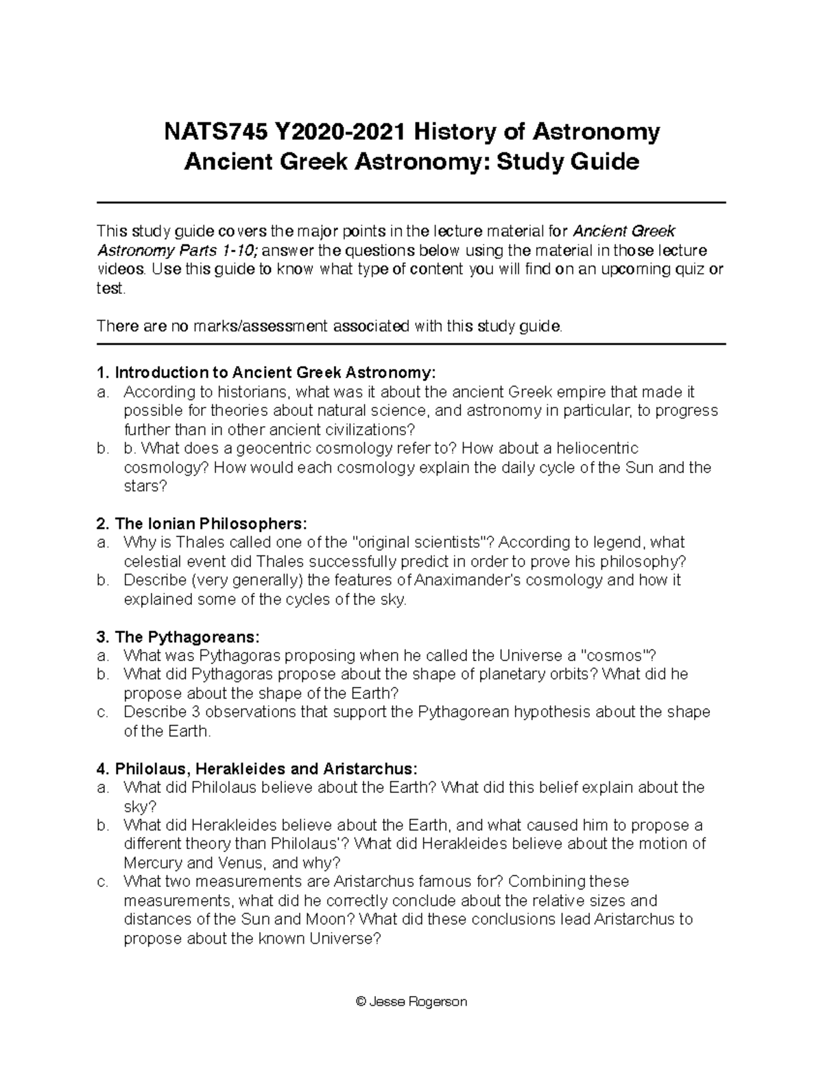 NATS1745A - Ancient Greek Astronomy - Study Guide - NATS745 Y2020-2021 ...