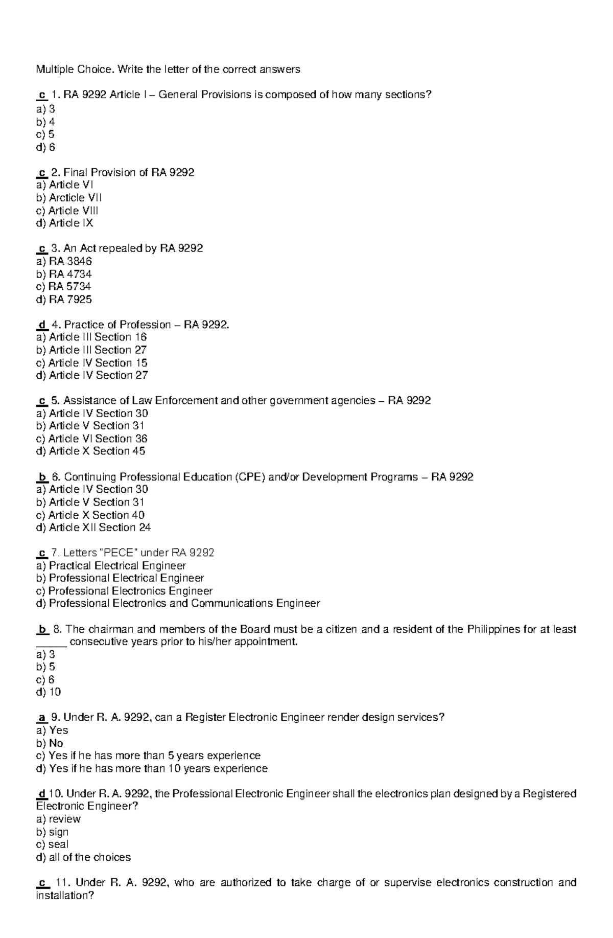 ECE Laws Activity 3 - 1. RA 9292 Article I – General Provisions is ...
