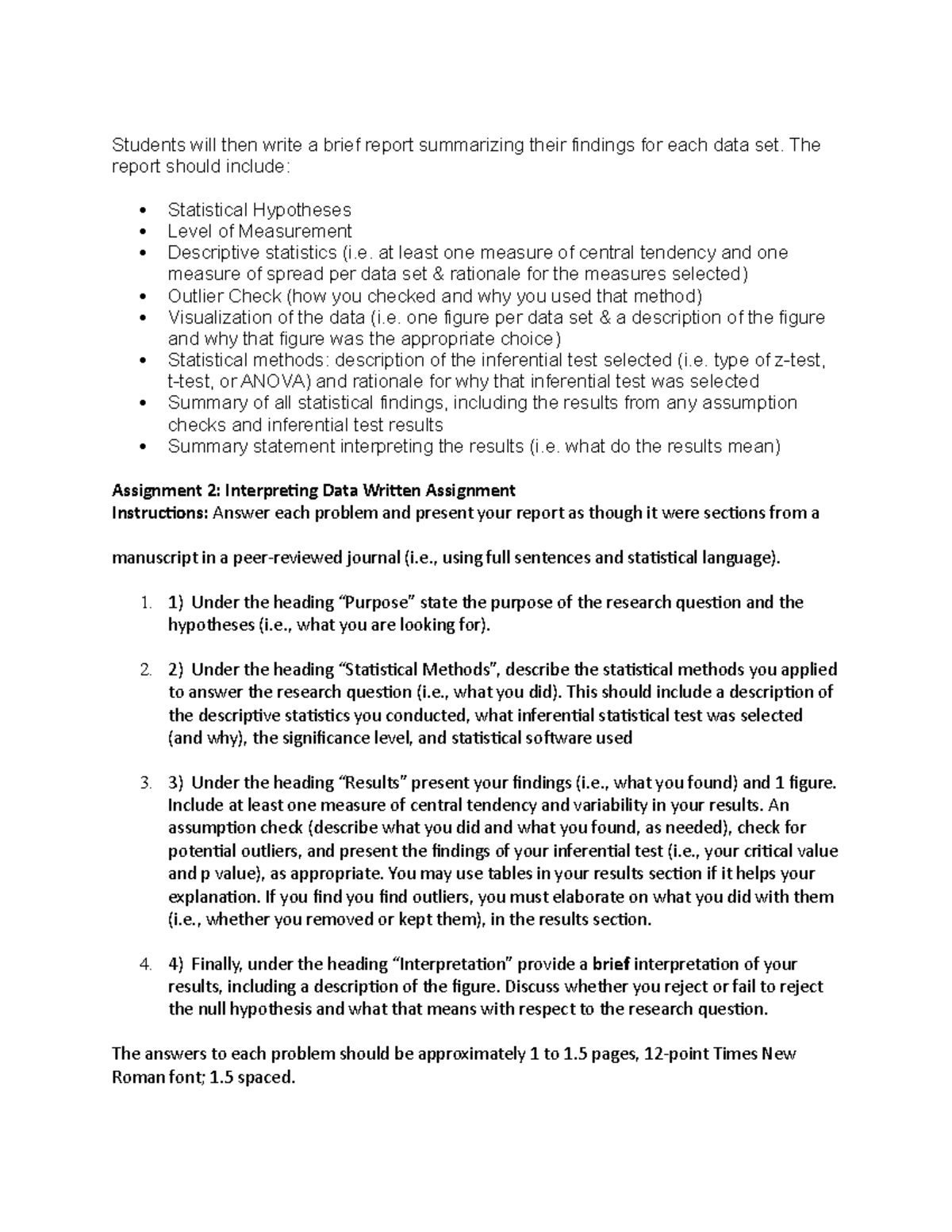 Interpreting Data Summary - Students will then write a brief report ...