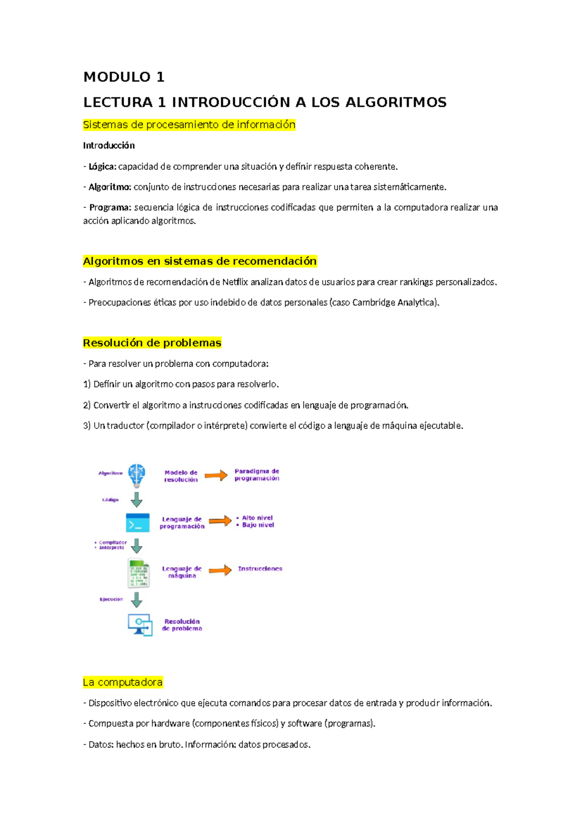 Resumen intro algoritmos - MODULO 1 LECTURA 1 INTRODUCCIÓN A LOS ALGORITMOS Sistemas de - Studocu