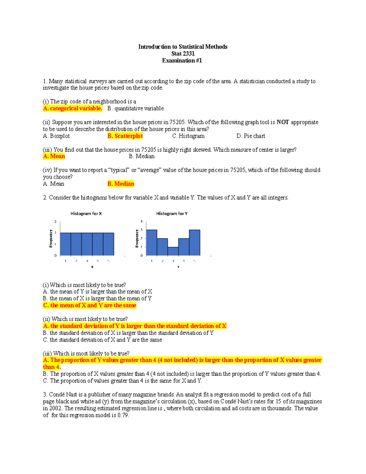Exam 1 Solution Stat Exam 1 Answers Introduction To Statistical Methods Stat 2331