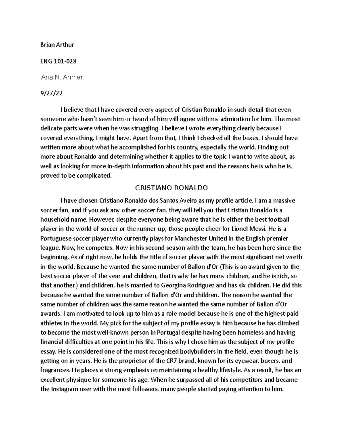 Final essay - CRISTIANO RONALDO - Brian Arthur ENG 101- Aria N. Ahmer 9 ...