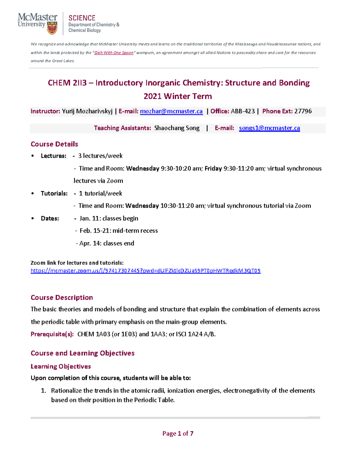 CHEM 2II3 syllabus Introductory Inorganic Chemistry Structure and ...