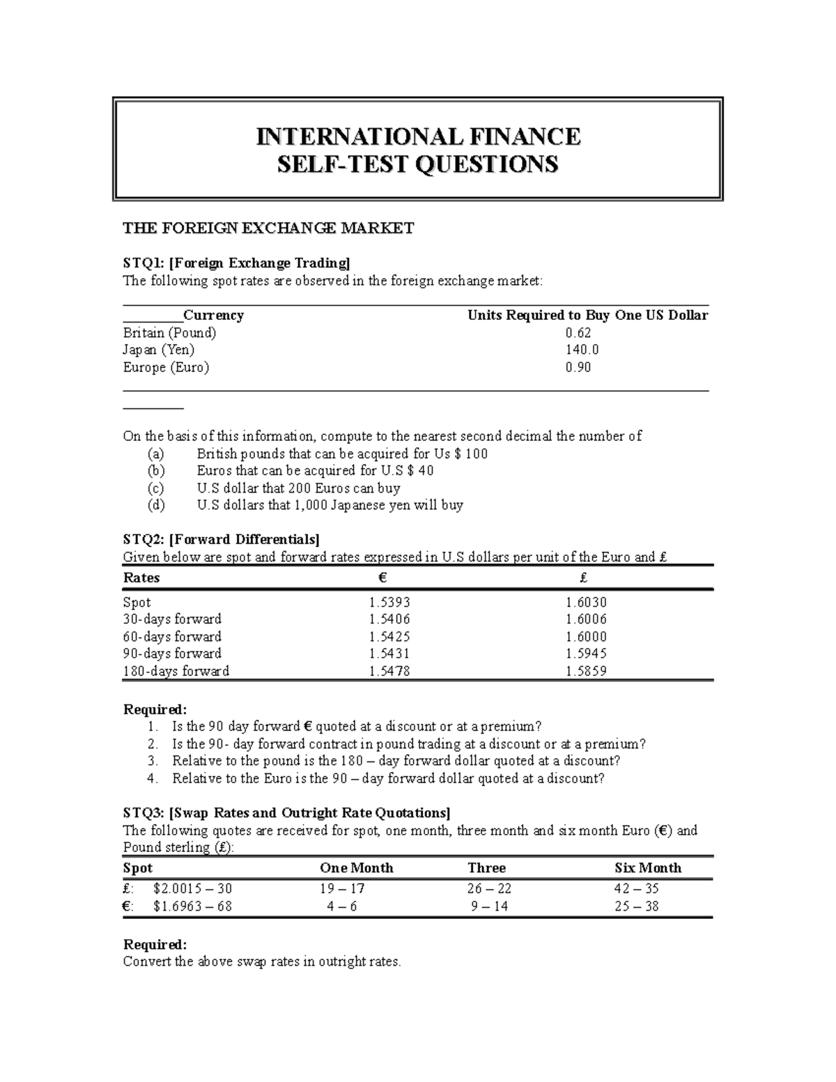 International Finance SELF TEST Question - INTERNATIONAL ...