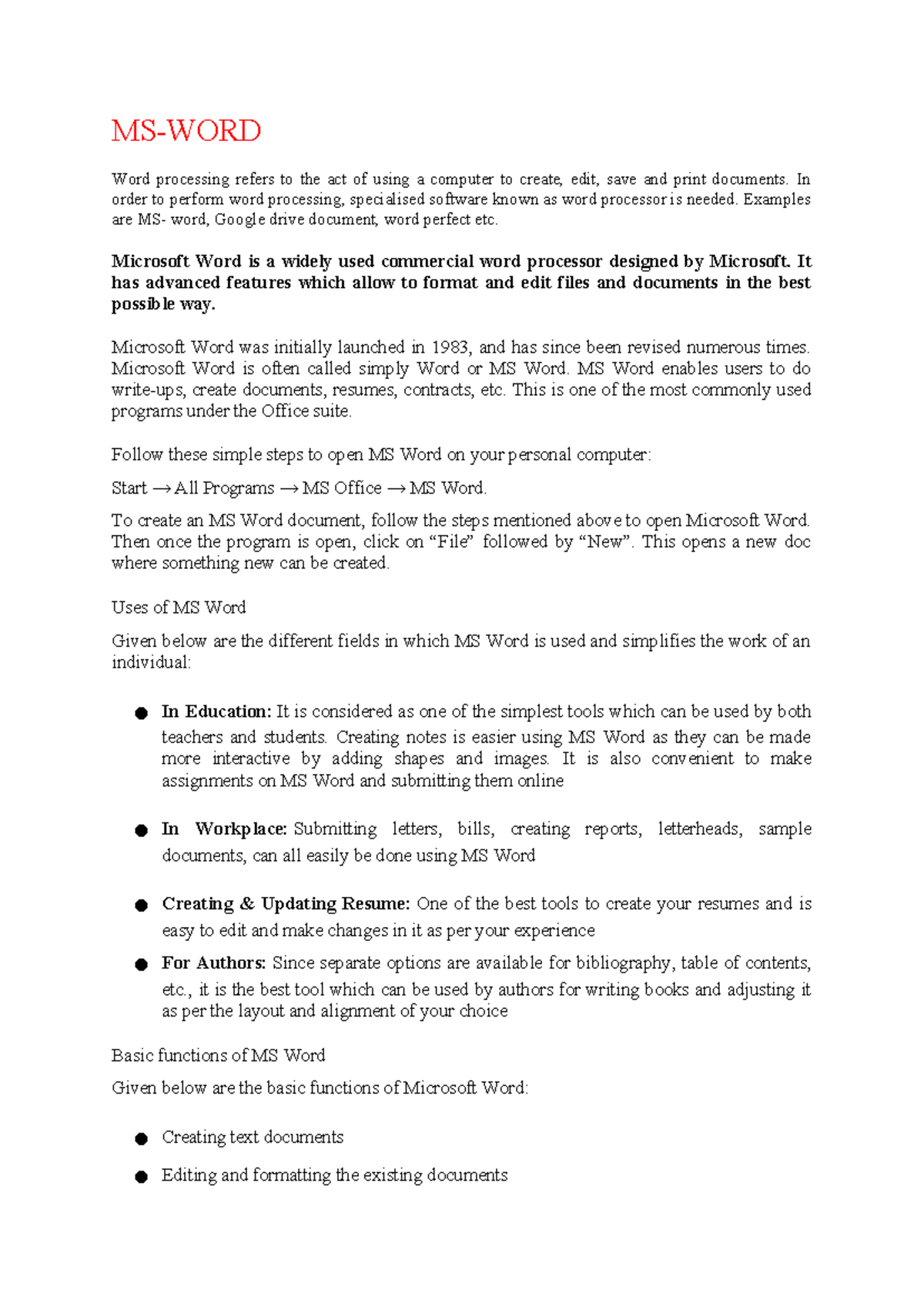 MS word -Theory - MS-WORD Word processing refers to the act of using a ...