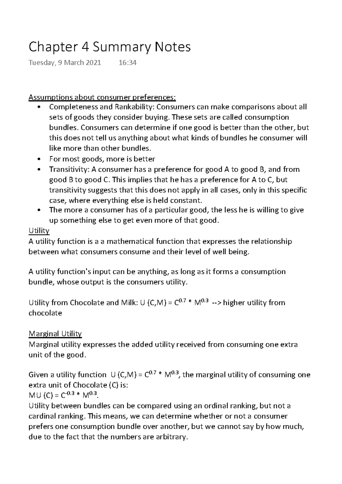 Econ Chapter 4 Summary Notes - Assumptions about consumer preferences ...